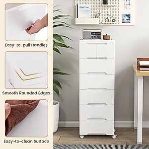 LOKO 7-Drawer Plastic Rolling Storage Cart, Mobile Storage Cabinet with 4 Universal Wheels, Vertical Storage Tower Container Unit for Living Room, Bedroom, Home Office, White (16”x13"x45” (7 Drawers))
