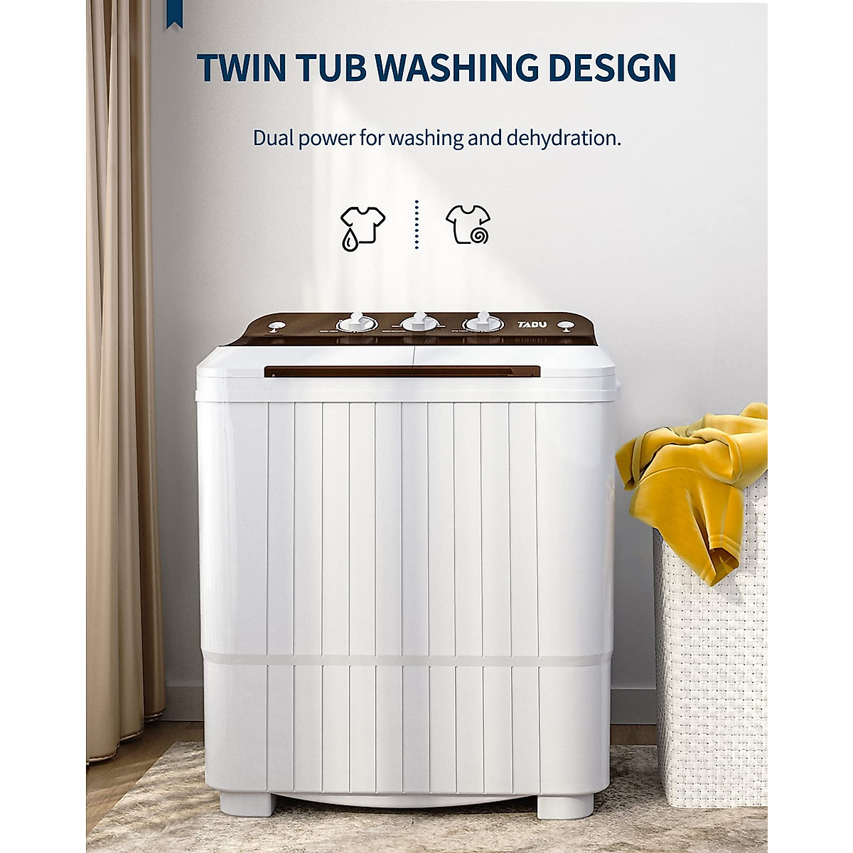 TABU Portable Washing Machine, 2 in 1 Washer Machine, Twin Tub Washing and Spining Combo Machine, 16.5LBS Portable Washer for Apartment, Dorms, RVs, Camping and More, White&Brown