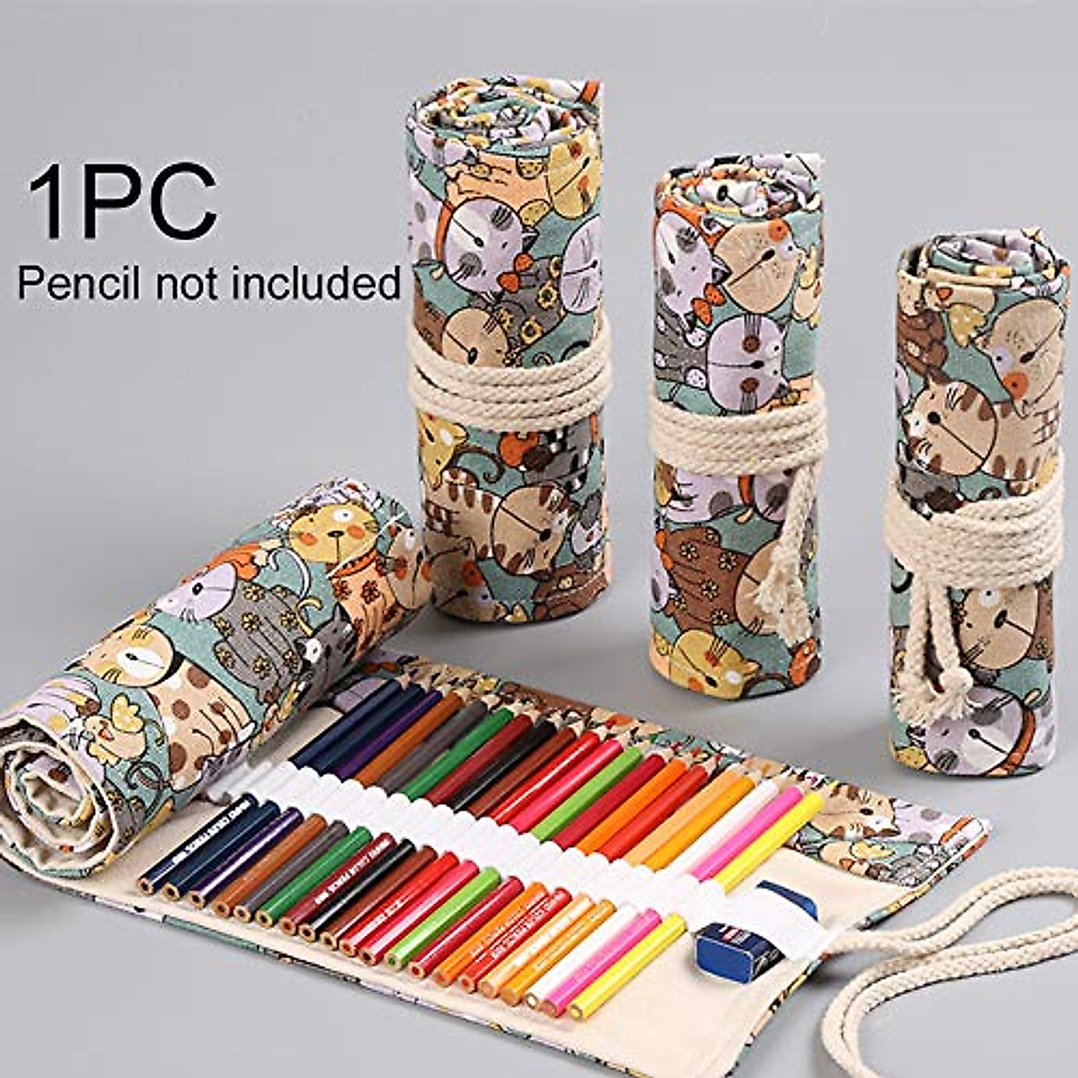 Canvas Pencil Roll Wrap 12/24/36/48 Holes, Multiuse Cartoon Cat Roll Up Pencil Case Large Capacity Pen Curtain for Coloring Pencil Holder Organizer