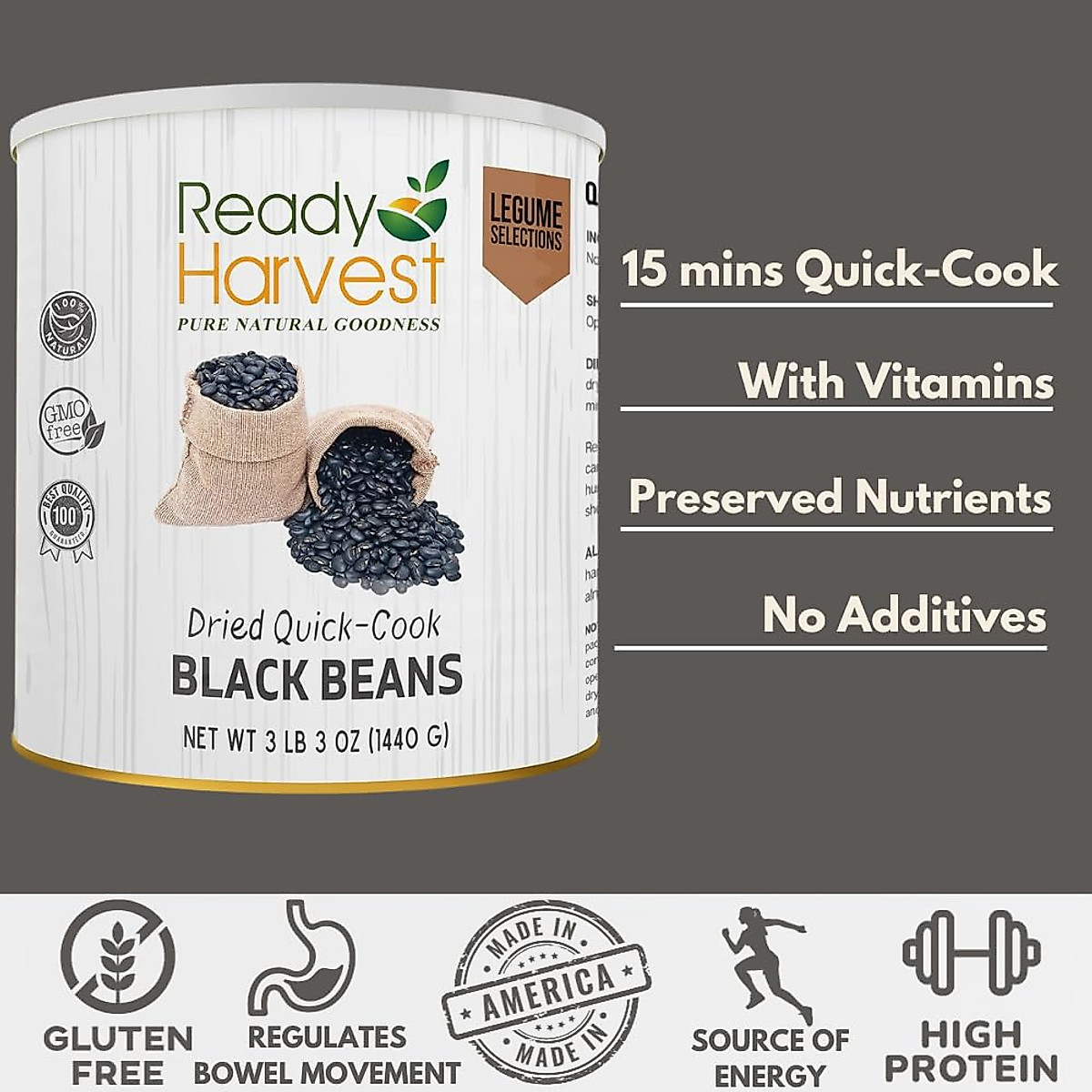 Ready Harvest Quick-Cook Dried Black Beans Canned Dried Black Beans Dried Beans Dry Beans|Emergency Food Supplies Survival Food Emergency Food Rations #10 Can 25-Year Shelf Life 3 lbs