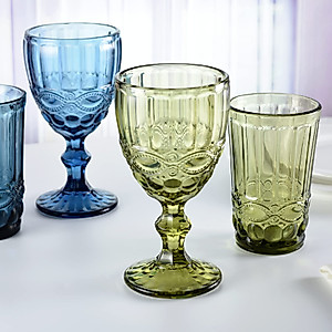 Wongblee Vintage Glass Goblets 10.8 Oz, Embossed Stemmed Glasses, Assorted Colored Drinking Glasses for Wine, Water, Juice, Beverage, Set of 4