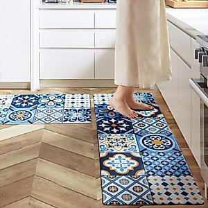 Ashler Kitchen Mats Anti-Fatigue Kitchen Rugs, Non-Slip Waterproof Kitchen Floor Mats, 2PCS Ergonomic Comfort Foam Standing Rug for Kitchen, Office, Floor, Laundry, Sink, 17x47 in & 17x29 in, Blue