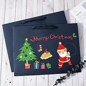 Katfort Large Navy Blue Gift Bag with Handles 12 Pack, 16''×6''×12'' Extra Large Gift Bag with Ribbon Handles, Reusable Heavy Duty Kraft Paper Bags Bulk for Shopping, Wedding, Party, Gift, Retail