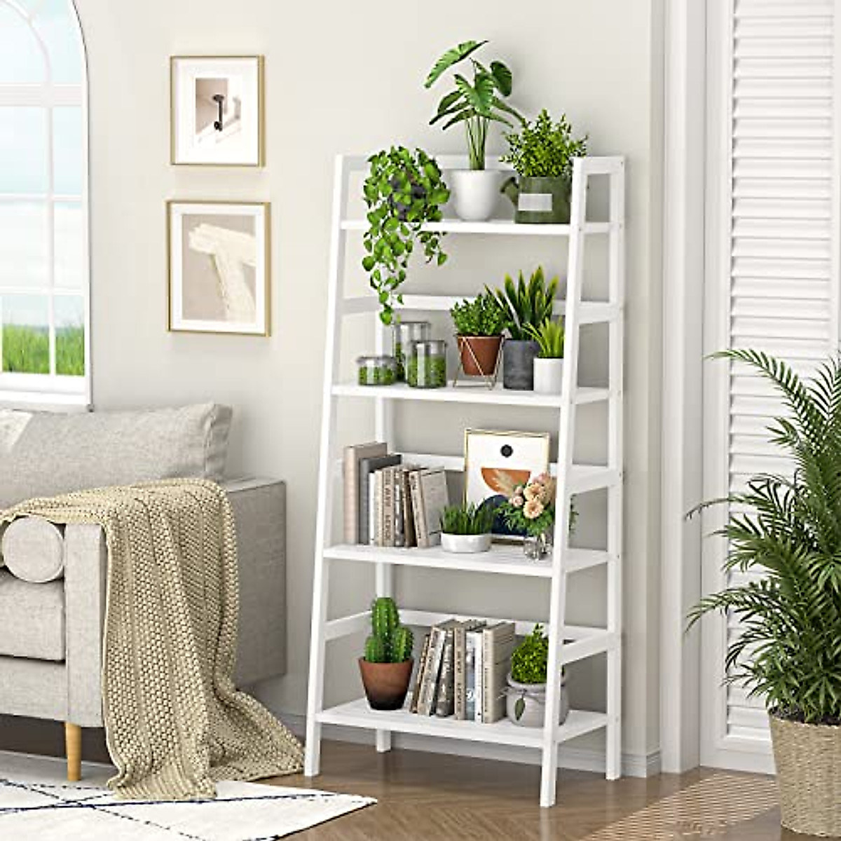 Homykic Ladder White Bookshelf, 4-Tier Bamboo Ladder Shelf 49.2” Book Shelf Bookcase Floor Freestanding Bathroom Storage Rack Plant Stand for Small Space, Bedroom, Living Room, Easy to Assemble