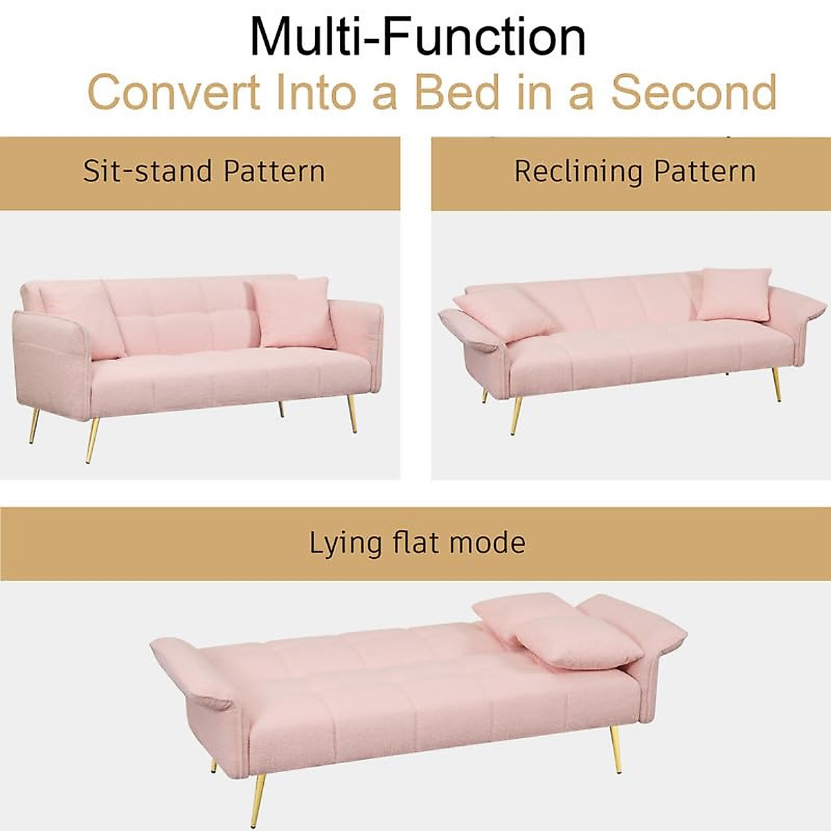 AZSJML Futon Sofa Bed, Teddy Sleeper Sofa Couch, 70" W Modern Tufted Sofa Couch with Adjustable Arms and Backrests for Living Room,Small Spaces,Bedroom,Pink