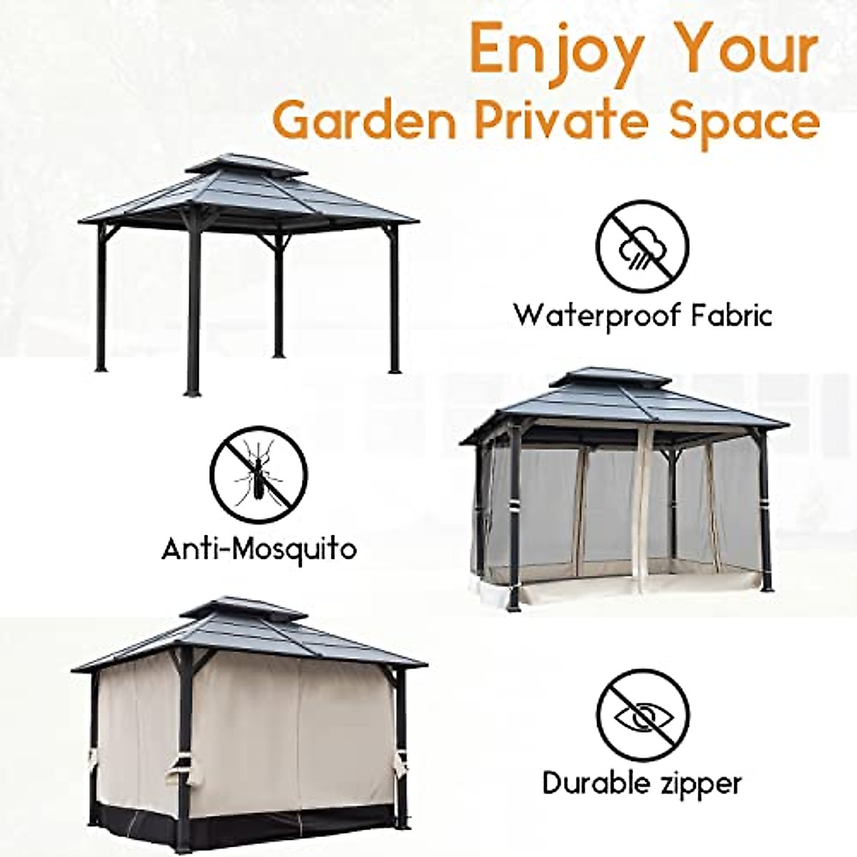 Warmally 10'×12' Hardtop Gazebo Double Roof Canopy Gazebo with Netting and Curtains Fast-Splicing Structure Galvanized Iron Aluminum for Patio Backyard Deck and Lawns