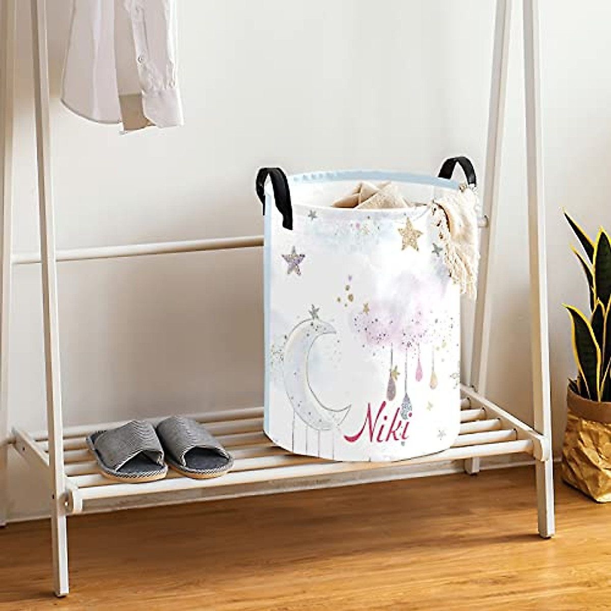 Moon Stars Round Storage Basket Personalized Name Laundry Basket Waterproof Nursery Hamper with Handle for Living Room Bedroom and Clothes