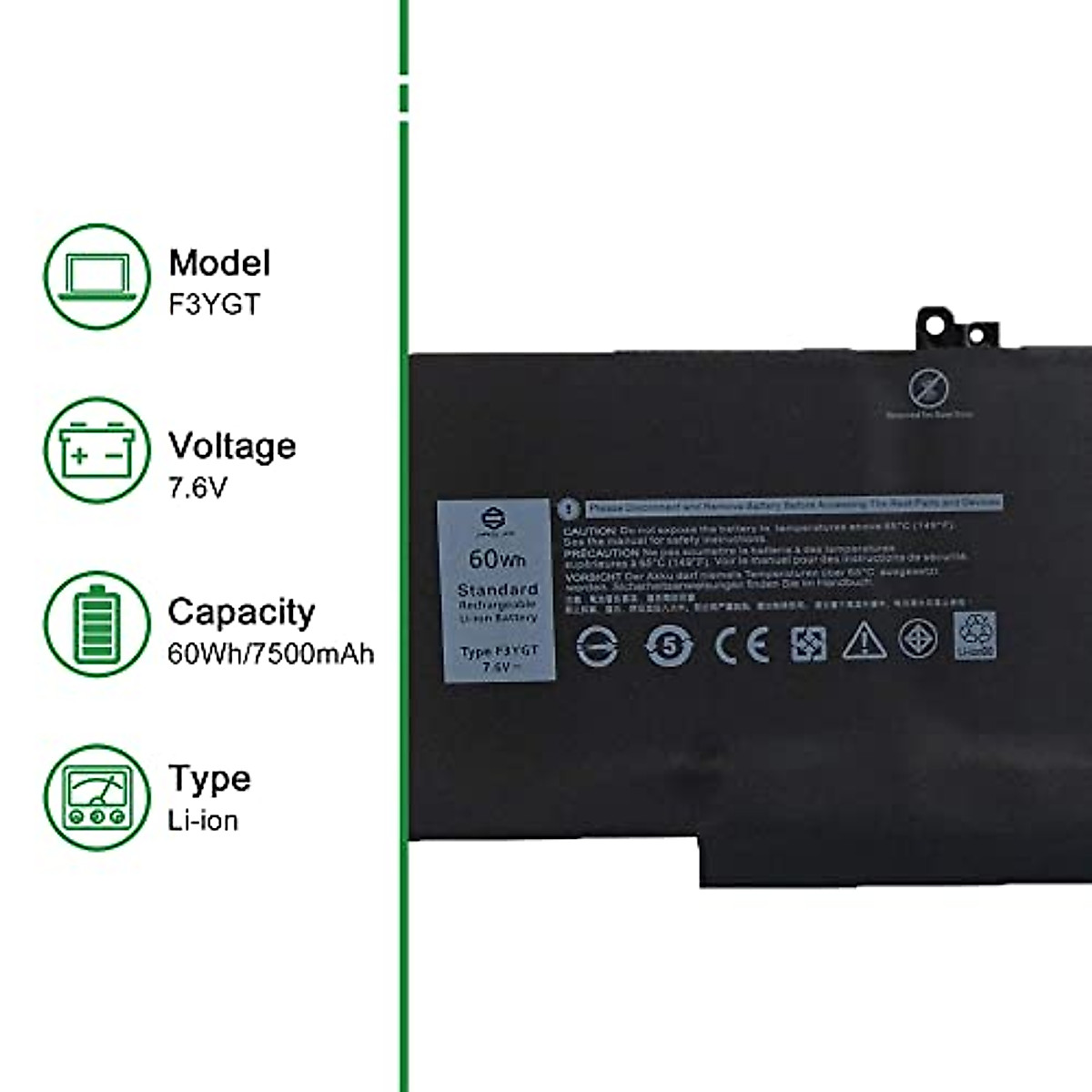 JIAZIJIA F3YGT DM3WC Laptop Battery Replacement for Dell Latitude 7280 7290 E7280 E7290 7380 7390 E7380 E7390 7480 7490 E7480 E7490 Series Notebook 0DM3WC 2X39G 7.6V 60Wh 7500mAh
