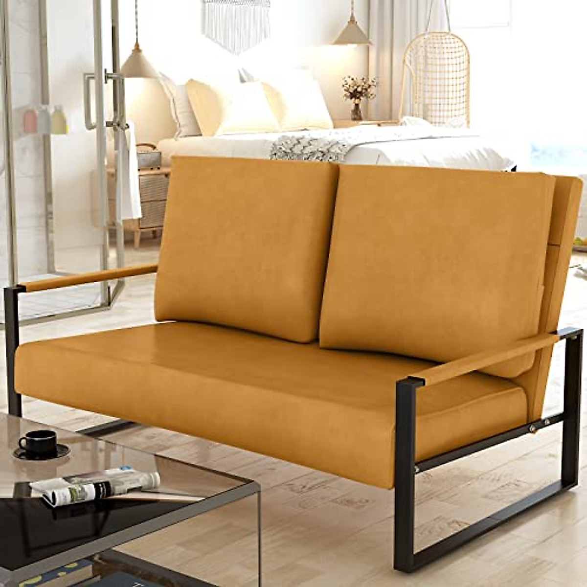 DKLGG Mid-Century Loveseats Sofa Couch, Solid Leathaire Loveseat Sofa, Upholstered Faux Leathaire Couch 2-Seat Metal Armchair, Lounge Accent Chair for Living Room, Small Space, Studio, Apartment