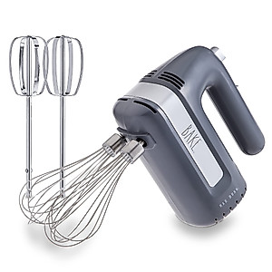 Electric Hand Mixer, Handheld Mixers for Kitchen, With Beaters and Whisk Attachments for Cooking and Baking, Lightweight Handmixer Labeled "BAKE" by Rae Dunn (Grey)