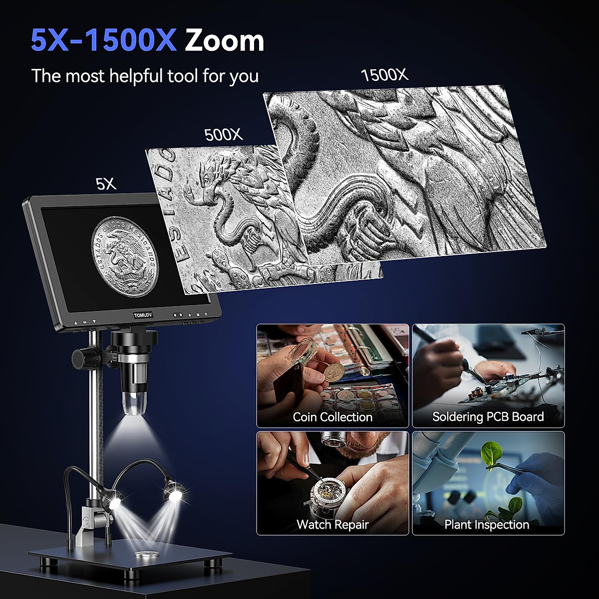 TOMLOV DM9 Max Digital Microscope: 10.1" 1500X 20MP HD IPS HDMI Coin Microscope Magnifier for Error Coins with Screen, LCD Soldering Microscopes for Adults, 10 LED Lights, PC/TV Compatible, 64GB