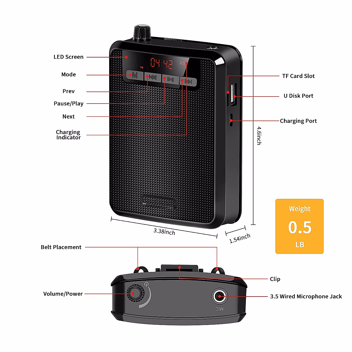 Voice Amplifier，Professional Mini Portable lotmusic Microphone Amplifier Speaker Rechargeable Wired Microphone Headset, Personal for Teacher Classroom Outdoor Meeting Tour Guides (Black)