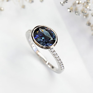 DoubleAccent Platinum Plated Sterling Silver Ring 2 CT Oval Grey CZ Stone Bezel Wedding Engagement Ring (Size 5 to 9), 8