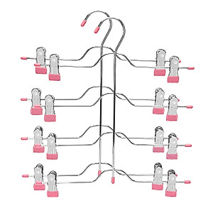 Solid Metal Skirt Hangers 4 Tier Pants Shorts Hangers Space Saving Hangers with Adjustable Clips Non Slip Grip for Slacks, Trousers, Shorts, Jeans, Towels, Pink, (2 Pieces) HL04P