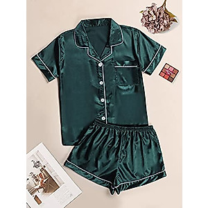 DIDK Women's Sleepwear Satin Short Sleeve Button Front 2 Piece Pajama Set Dark Green L