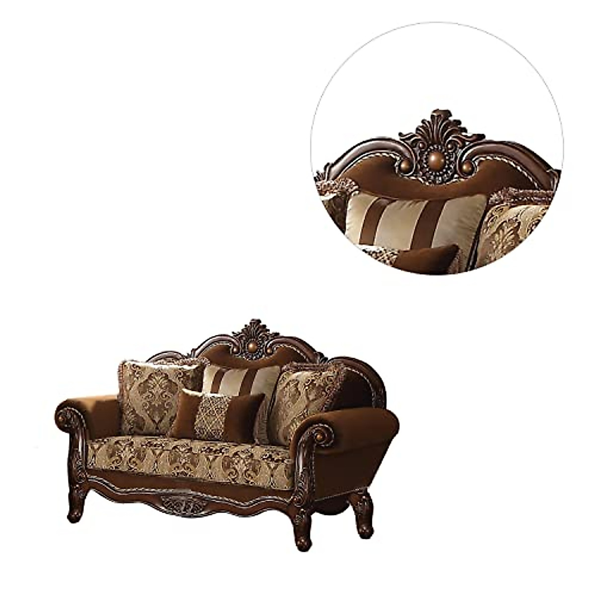 simple relax Cherry Oak Fabric Upholstered Wooden Loveseat with Rolled Arms