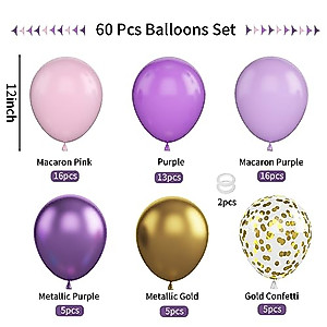 Pink and Purple Balloons, 60Pcs Pastel Purple Pink Balloons, 12 Inch Metallic Purple Gold Confetti Balloons Purple Latex Balloons for Girls Birthday Baby Shower Bridal Butterfly Party Decorations
