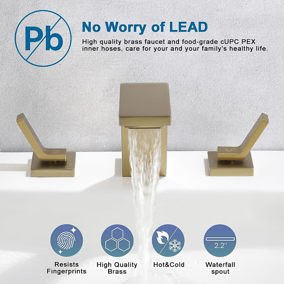 POP SANITARYWARE 2-Handle Widespread Bathroom Sink Faucet for 3 Holes Solid Brass 8 Inches Waterfall Bathroom Vanity Faucets with Pop Up Drain and cUPC Supply Hoses, Brushed Gold