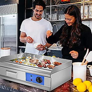 3000W 21.6" Electric Countertop Flat Top Griddle Grill Non-Stick Commercial Restaurant Teppanyaki Grill Stainless Steel Tabletop Flat Top Grill Machine with Adjustable Thermostatic Control,110V
