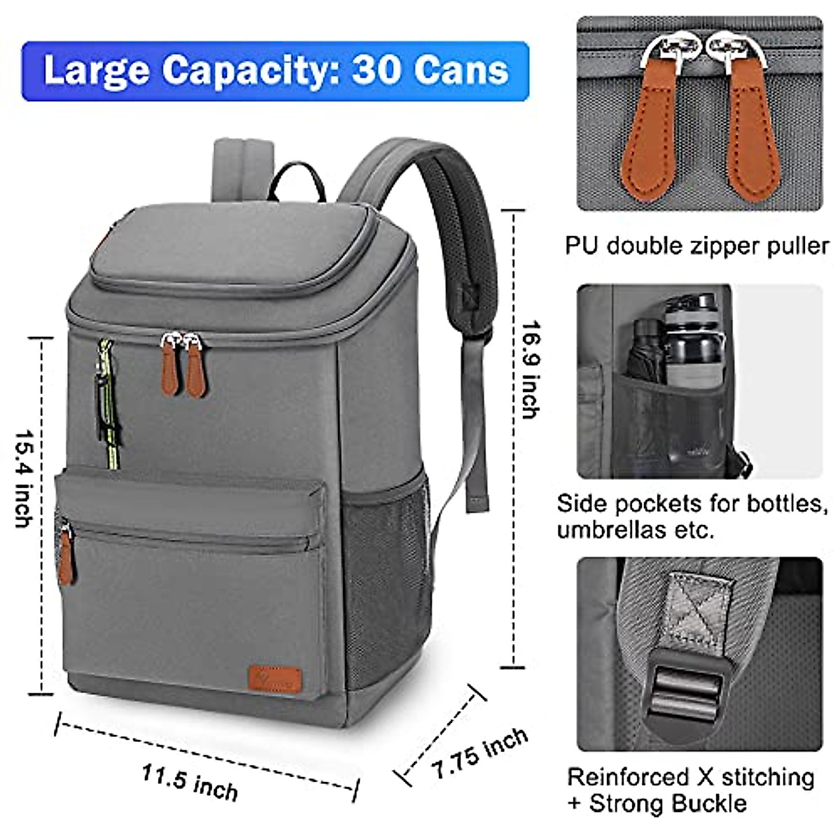 Voova Backpack Cooler Insulated Waterproof Leakproof Cooler Back Pack, Portable Soft Sided Coolers Bookbag for Men Women to Beach Lunch Picnic Camping Hiking Fishing Travel Trips, 30 Cans,Grey