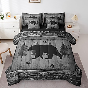 Feelyou Bear Comforter Set with Sheets Full Size 7 Piece Kids Rustic Bear Bedding Set Cabin Lodge Bear Bed in a Bag Farmhouse Nature Wildlife Bear Grey Bed Set