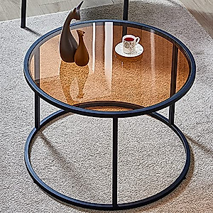 SAYGOER Glass Coffee Table Round Modern Coffee Tables Small Mid Century Coffee Table for Living Room Home Office Simple Retro Table Top with Metal Frames, Easy Assembly, Brown Black