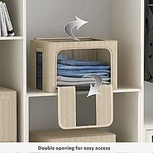 FHSQX Clothes Storage Organizer Bins- Stackable Storage Containers for Closet Foldable Storage Bins for Clothes with Clear Window & Carry Handles (Large-66L(19.7x15.7x12.6inch), Beige)