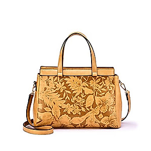 Mellow World Salome Embossed Floral Vintage Medium Satchel Cross Body Handbag for Women with Removable Adjustable Strap Mustard
