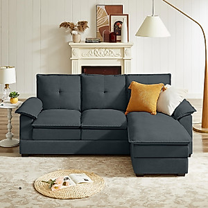 Chireca 82" Convertible Sectional Sofa, L-Shaped Comfy Cloud Couch with Reversible Chaise and Padded Armrests, Modern Polyester 3 Seat Sofa Couches for Living Room (Dark Grey)