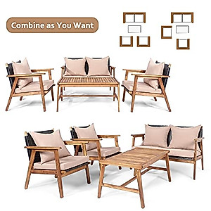 Tangkula 4-Piece Patio Furniture Set, Outdoor Acacia Wood Conversation Set with Cushions and Coffee Table, Outdoor PE Wicker Sectional Sofa Set for Garden, Poolside and Backyard (1, Beige)