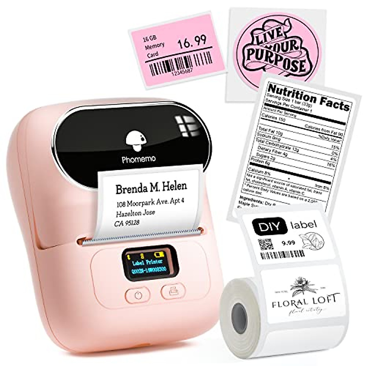 Phomemo Label Printer - M110 Thermal Label Printer, Upgraded Bluetooth Portable Label Maker for Product, Address, Small Business, Sticker, Home, DIY for Phone/Tablet/PC/Mac, with 100 Labels, Baby Pink