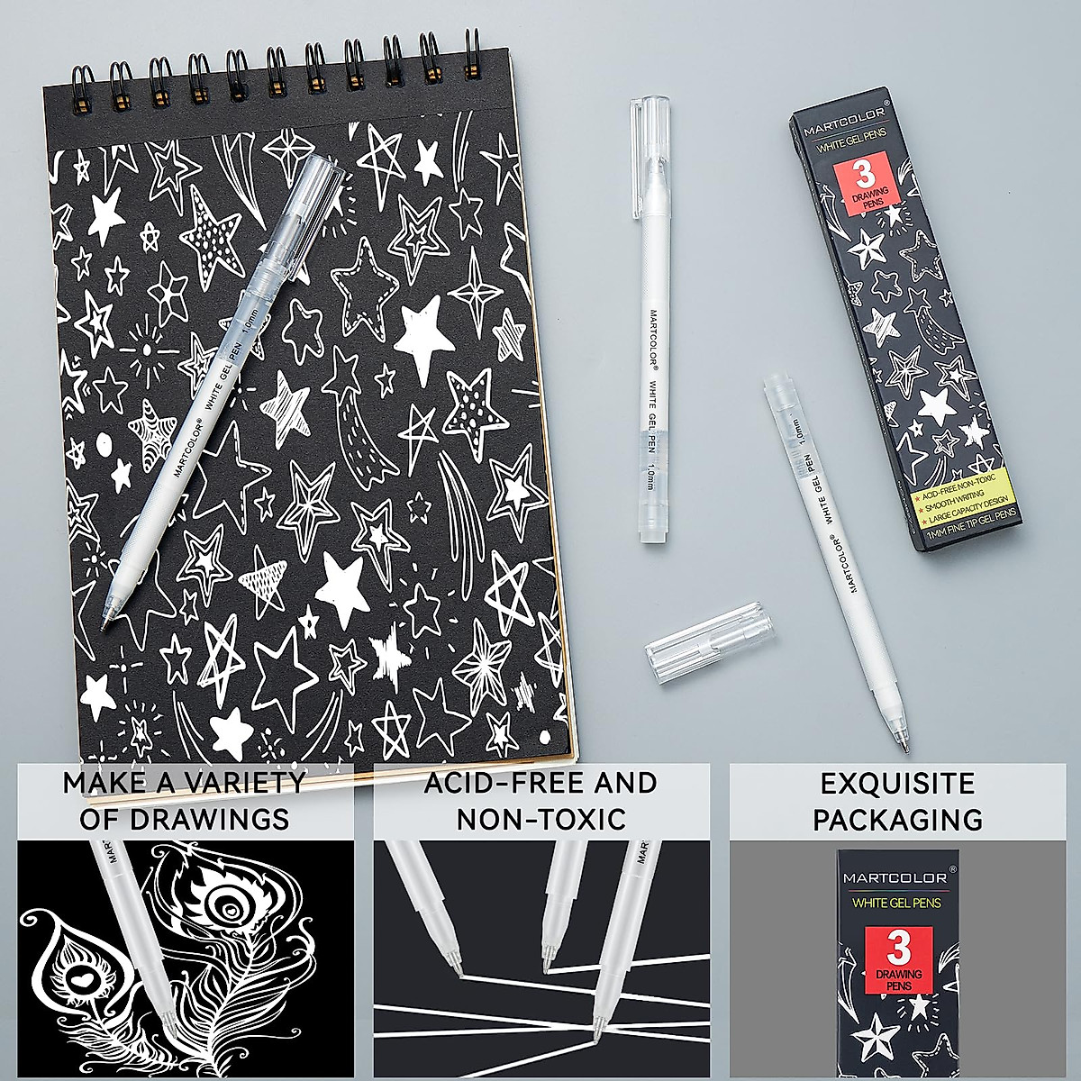 MARTCOLOR White Gel Pens, 1mm Fine Point Gel Ink Pen Opaque Archival Ink Pens for Black Paper Drawing, Sketching, Illustration, Card Making, Bullet Journaling, 3 Pack