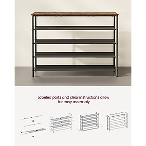 VASAGLE Shoe Rack 5 Tier, Narrow Shoe Organizer for Closet Entryway, with 4 Fabric Shelves and Top for Bags, Shoe Shelf, Steel Frame, Industrial, Rustic Brown and Black ULBS136B01