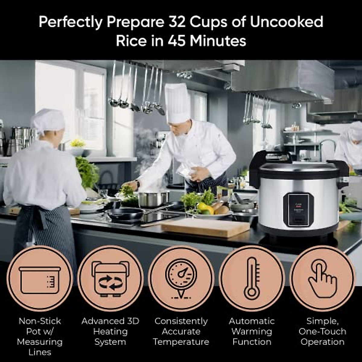 Commercial Stainless Steel Rice Cooker - Professional 64 Cup Cooked (32 Cup Uncooked) Rice Maker Cooker With Non Stick Pot & Hinged Lid - Includes a Rice Measuring Cup & Rice Scoop
