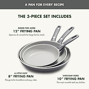 GreenPan Dover 8” 10” and 12” 3 Piece Frying Pan Skillet Set, Non-Toxic PFAS-Free Ceramic Nonstick Coating, Sear Saute Fry Egg Omlete, Dishwasher & Oven Safe, Stay Cool Handle, Easy Pour Rims, Gray