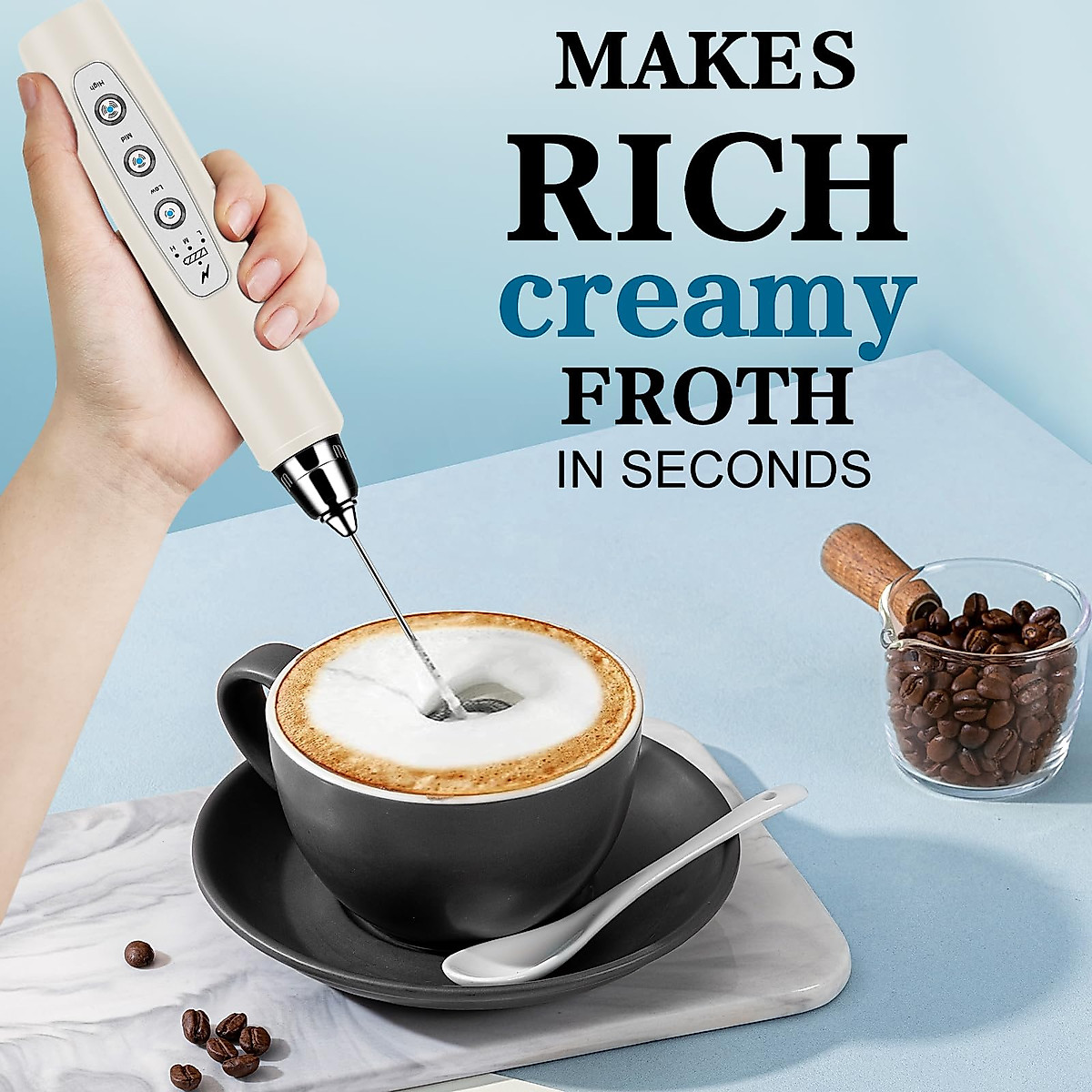 BSRGMS Milk Frother Handheld for Coffee, Electric Whisk 3 Speed Adjustable, Drink Mixer with Stainless 3 Whisks, Rechargeable Hand Frother Wand, Foam Maker for Latte Cappuccino Matcha Egg Beige