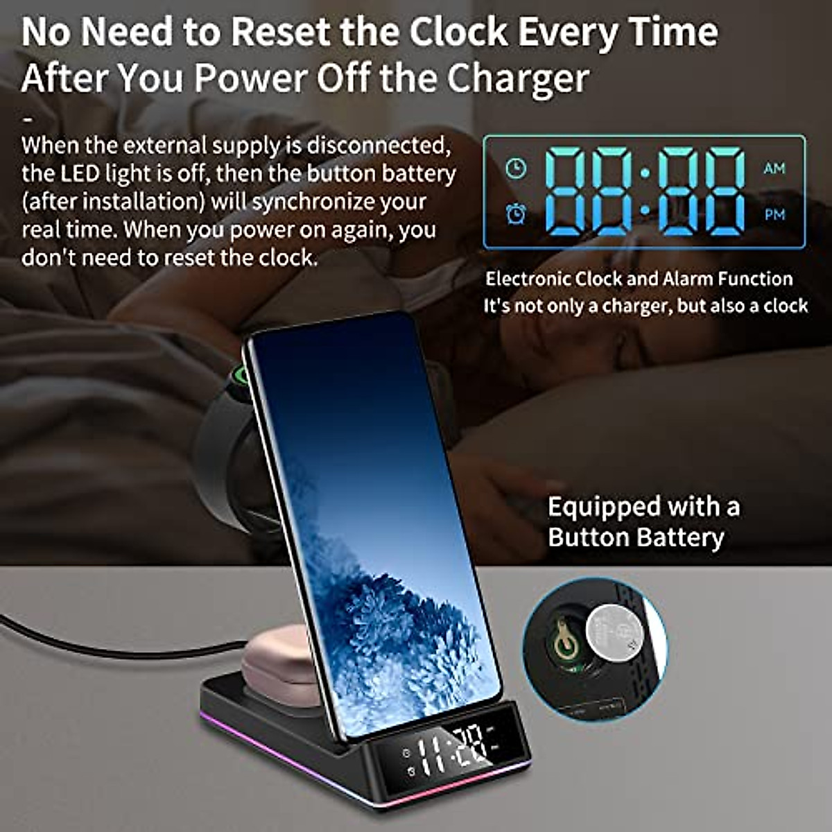 Wireless Charger with Clock/Alarm for Samsung Charging Station, 3 in 1 Android Phone Multiple Devices Charger for Galaxy S22 Ultra/S21/Z Flip/Fold 4/Buds/Galaxy Watch 5/Pro/4/3(Only for Samsung Watch)