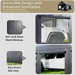 AirWire Carport 12' x 20' Heavy Duty Portable Garage, Carport Canopy with Side-Opening Door & Roll-Up Windows, Car Canopy Reinforced Four-Hole Base for Car, Truck, Boat, Party, Black