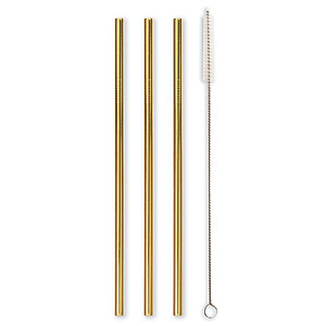 Kate Spade New York Reusable Straws with Case, Metal Straw Set of 3 with Cleaner Brush, Pink Colorblock