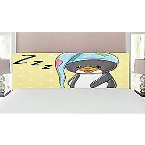 Lunarable Cartoon Headboard, Sleepy Penguin in Hood Ready to Bed Happy Dream Cartoon Art, Upholstered Decorative Metal Bed Headboard with Memory Foam, King Size, Yellow White Grey