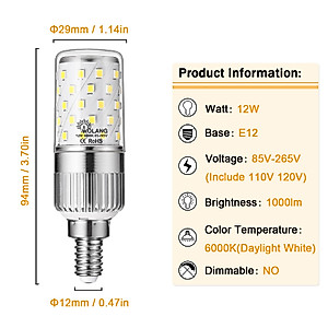 Aolang E12 LED Bulbs,12W LED Candelabra Bulbs,100 Watt Equivalent, Daylight White 6000K Chandelier Bulbs, E12 Base Ceiling Fan Light Bulbs, 85V-265V, 1000Lumen Corn Bulbs, Non-Dimmable (4 Pack)