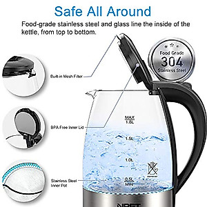 NPET EK20 1000W Electric Kettle Glass Tea Kettle With BPA-Free, 1.8L Cordless Portable Water Glass Boiler With LED Light, Auto-Shutoff And Boil-Dry Protection Teapot, Stainless Steel Kettle