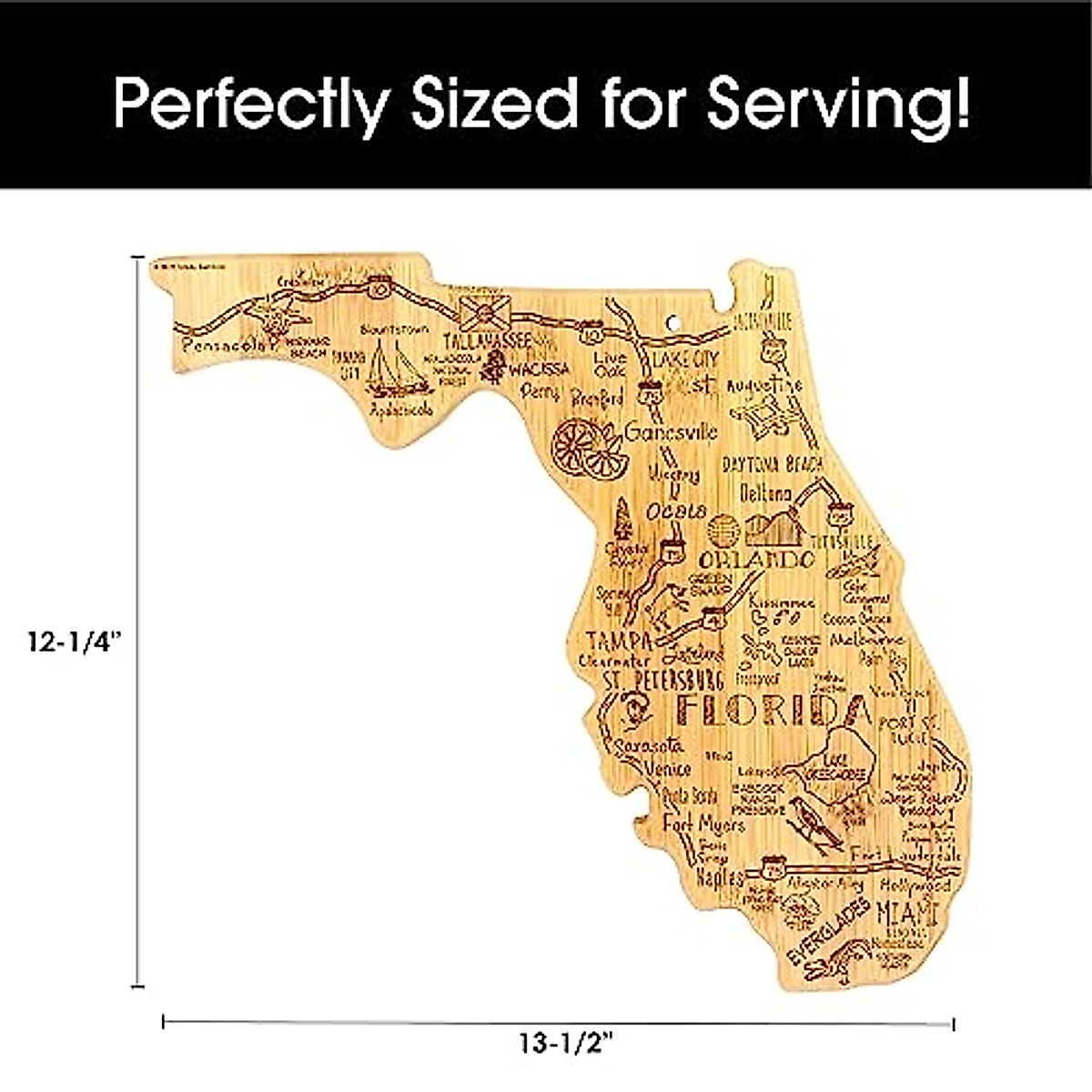 Totally Bamboo Destination Florida State Shaped Serving and Cutting Board, Includes Hang Tie for Wall Display
