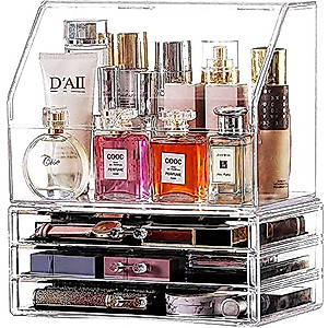 Cq acrylic Cosmetic Display Cases With LId Dustproof Waterproof for Bathroom Countertop Stackable Clear Makeup Organizer and Storage With 3 Drawers,Set of 2