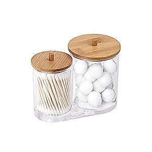 JIEQIJIAJU Cotton Swab Pads Holder, Acrylic Qtip Dispenser 2 Compartment Canisters with Bamboo Lids Cotton Round Holder Cotton Ball Buds Container Clear Apothecary Jars for Bathroom Storage Canister