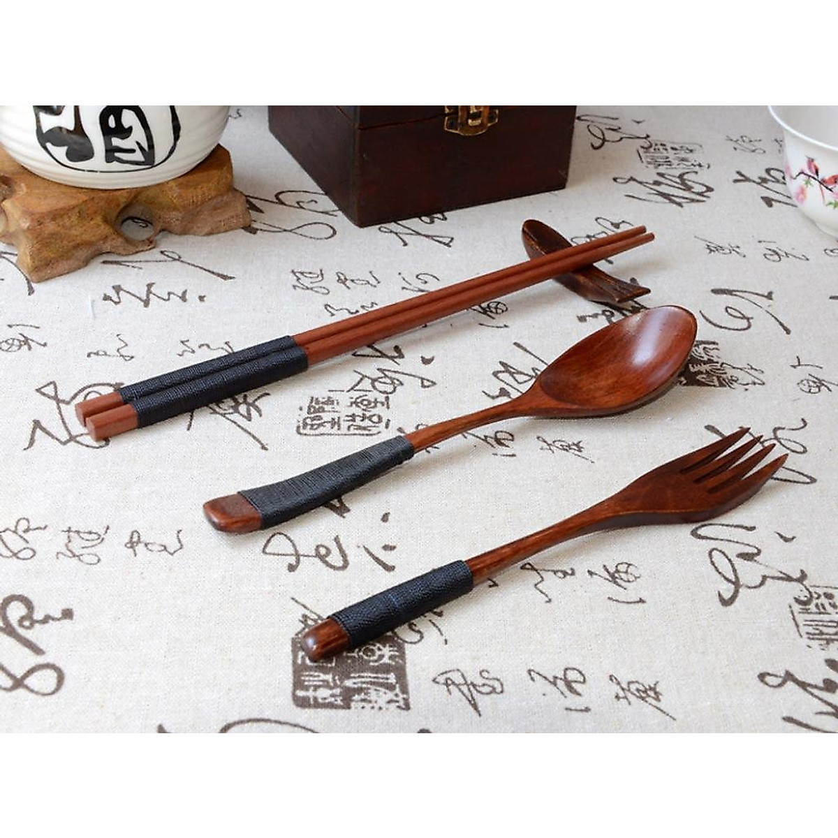 FORESTIME Japanese Wooden Chopsticks Spoon Fork Tableware 3pcs Set New Gift (1 Set, Brown)