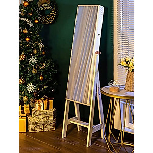 LUXFURNI Mirror Jewelry Cabinet Armoire with 3-Way Mount, Standing, Wall or Door Mounted, Jewelry Organizer with Full-Length Mirror, Lockable, Large Storage, White