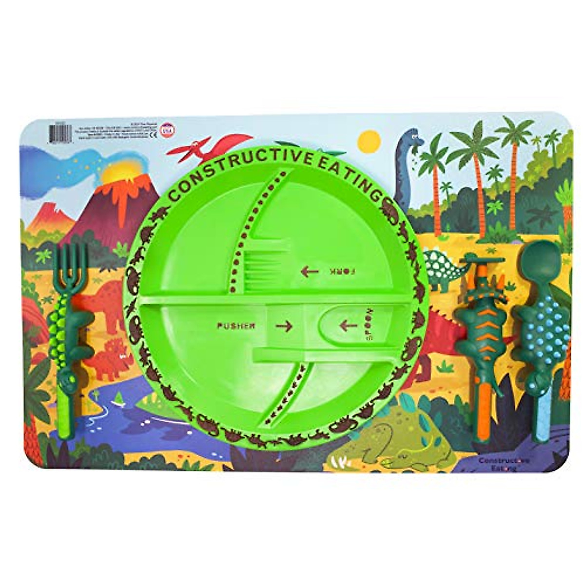 Constructive Eating Made in USA Toddler Dining Set: Kids Placemats for Dining Table with Dinosaur Plate & Utensils, Perfect Toddler Boy Gifts or Toddler Girl Gifts for 2 Year Old, Toddler Forks and Spoons for Picky Eater