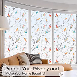 Coavas Window Privacy Film Decorative Bird Stained Glass Window Film Bathroom Frosted Glass Window Cling Privacy Film Heat Blocking Static Cling Day and Night Home Door Window Coverings 17.5" x 78.7"
