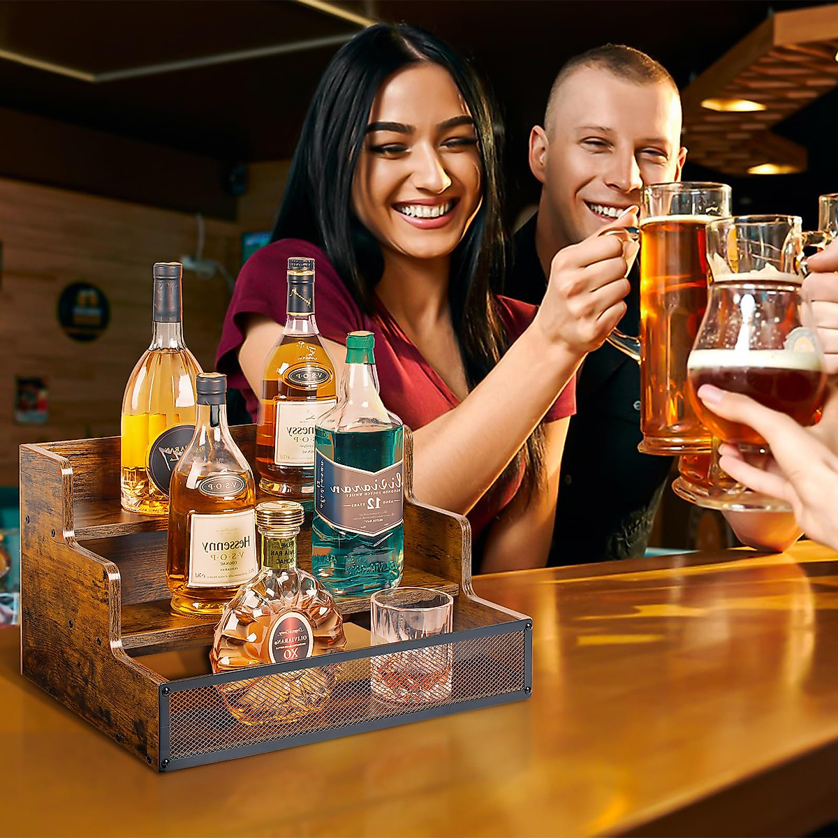 3 Step Countertop Liquor Bottle Display Shelf, Wood Bar Shelves 12 Bottles with Fences, Freestanding Storage Shelves for Liquor Whiskey Wine Coffee Syrup Display, Retro Wine Rack Home (Patent Pending)